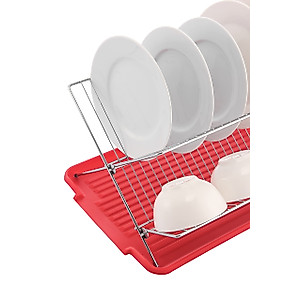 J&V TEXTILES Foldable Dish Drying Rack with Drainboard, Stainless Steel 2 Tier Dish Drainer Rack, Collapsible Dish Drainer, Folding Dish Rack for Kitchen Sink, Countertop, Cutlery, Plates (Red)