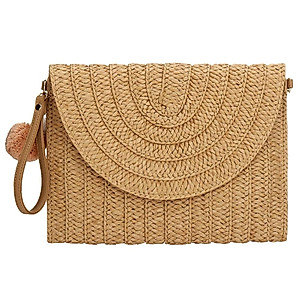 Straw Clutch,Straw Handbag Clutch for Women Summer Beach Straw Woven Envelope Purse Wallet (Dark khaki)