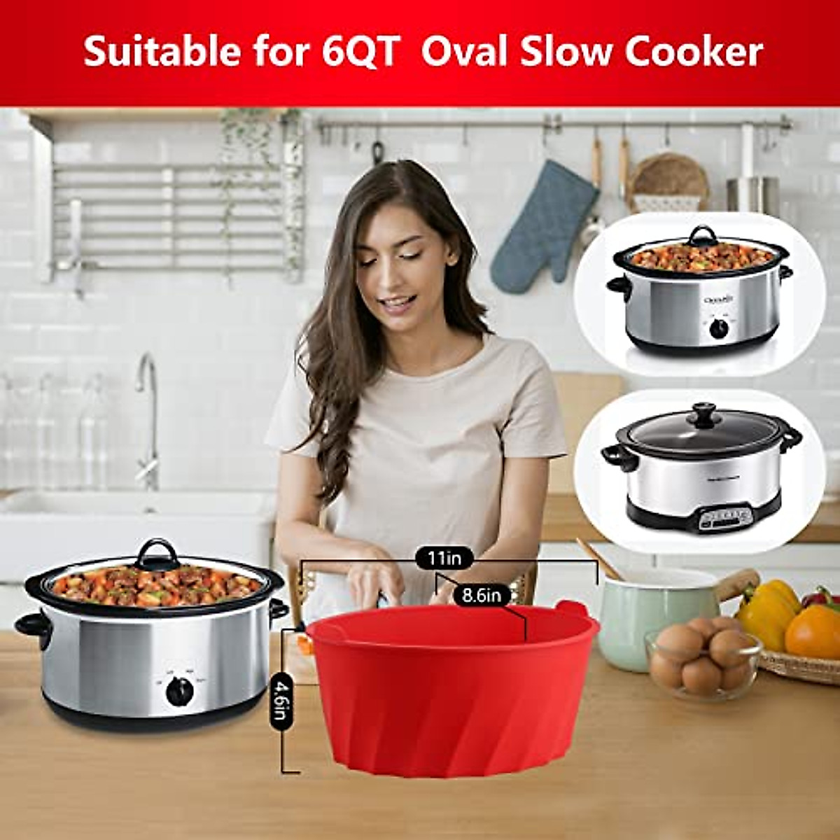 Silicone Slow Cooker Liners,HOUPEACE Reusable&Leekproof Cooking Liners with Mitts Fit for 6QT Oval Crock-Pot,Hamil-ton Beach Slow Cooker(2Pack)