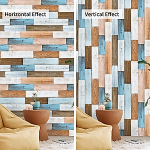 YAMANGU Wood Peel and Stick Wallpaper,Shiplap Wallpaper Blue Distressed, Wall Paper for Living Room, Bedroom, Cabinets, Home Decoration, Brown White Grey Colorful Wood Grain Contact Paper