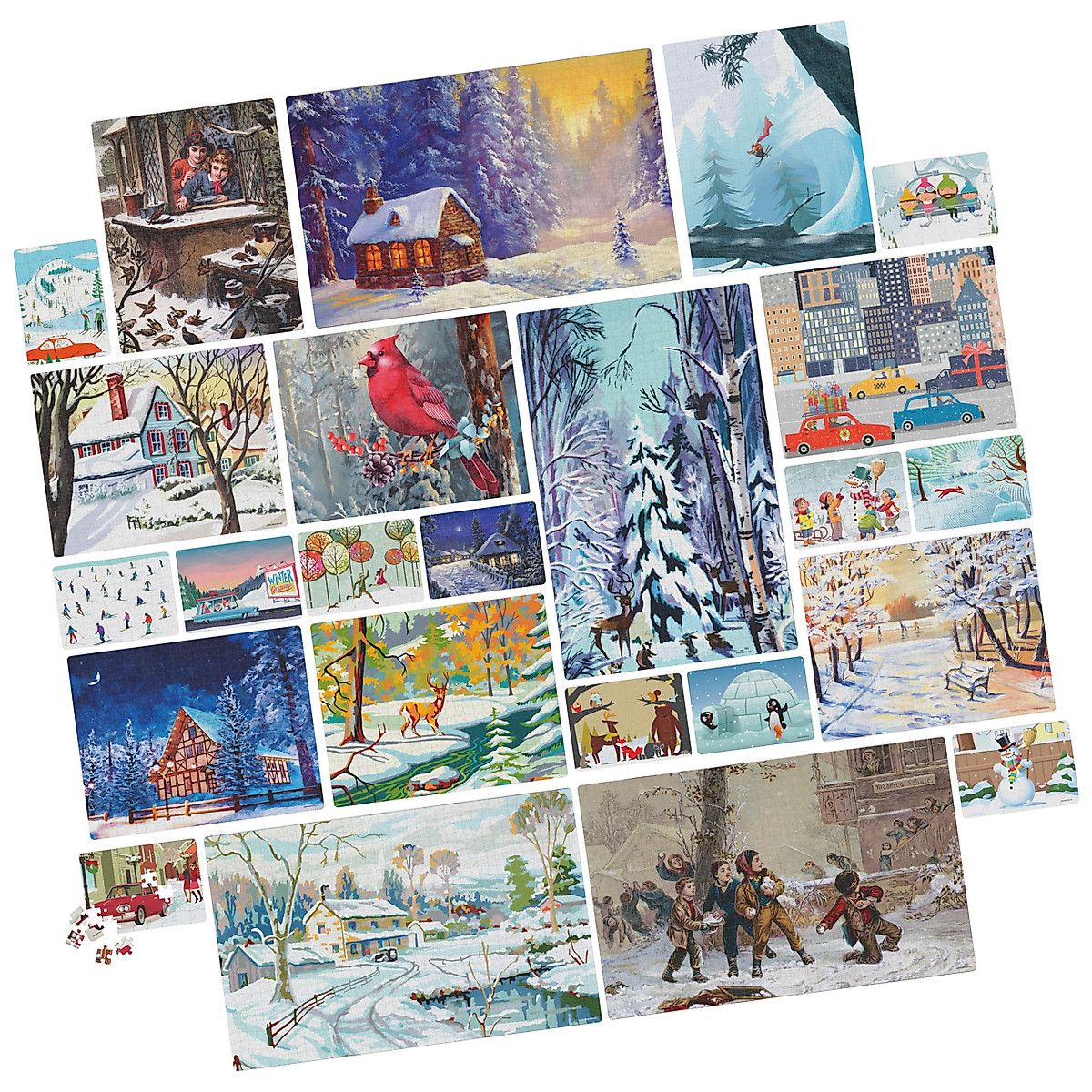 24 Jigsaw Puzzle Bundle, Holiday Winter Snow Illustration Landscape, 1000, 500, 300, 100, 48, 24 Pieces, for Kids and Adults Ages 8 and up