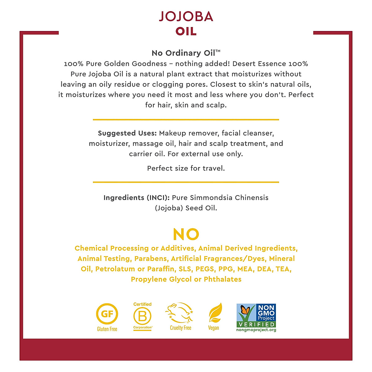 Desert Essence 100% Pure Jojoba Oil 2 fl oz - Organic Face Moisturizer, Hair & Scalp Oil - Non-GMO, Vegan, Gluten-Free - Cold-Pressed Jojoba – Safe for Sensitive Skin, Hydration & Balance