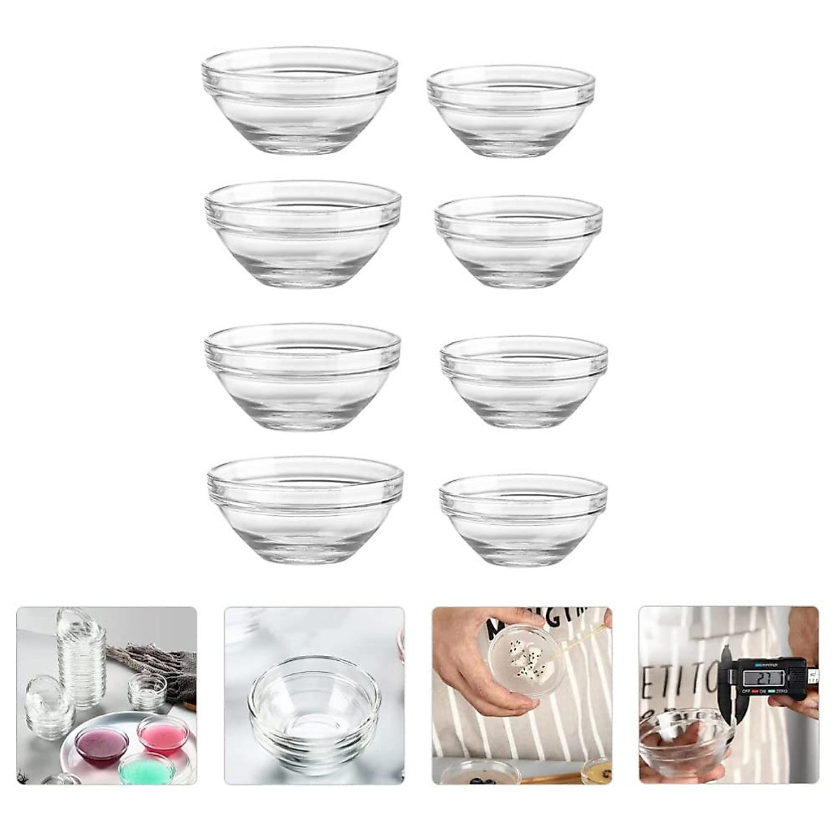Housoutil 8PCS Stackable Food Prep Bowl, Multipurpose Clear Glass Jelly Bowls, Glass Stackable Dessert Bowls Set Dishware Safe for Kitchen Dessert, Dips, and Candy Dishes Nut (4XSmall, 4XLarge)