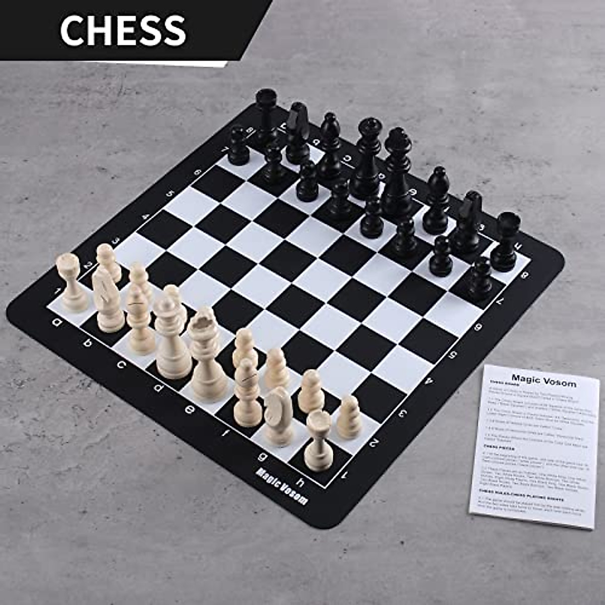 Magic Vosom Chess Sets, Travel Chess 15" x 15" 3 in 1 Chess, Checkers, Backgammon Set, Standard Chess Pieces and Chips Set of Silicone Board, Beginner Chess Set for Kids, Adults