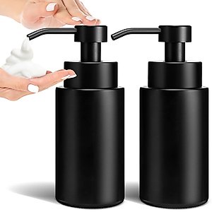 GMISUN Foaming Soap Dispenser, 2 Pack 12 Oz Matte Black Glass Foam Hand Soap Dispenser, Modern Hand Soap Dispenser for Bathroom and Kitchen, Refillable Foam Black Soap Dispenser with Waterproof labels