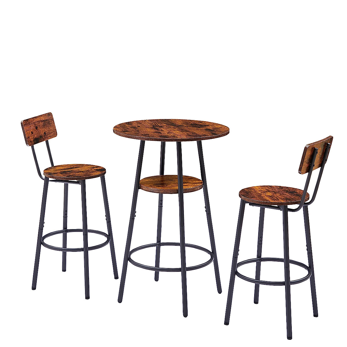 Tiokop Bistro Set of 2, Pub High Top Round Table and Chairs Upholstered Cushion, Storage Shelf and Backrest, 3-Piece Bar Stool Set for Breakfast Nook, Rustic Brown