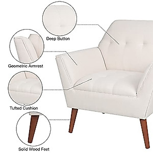 LEVNARY Modern Accent Chair, Comfy Upholstered Button Tufted Armchair with Wood Legs, Mid-Century Upholstered Single Sofa Chair for Reading Room Living Room (Beige)