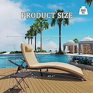Kullavik Lounge Chairs for Outside,3 Pieces Chaise Lounge Outdoor Folding Pool Lounge Chairs Including Table Rattan Patio Furniture Set,Sand