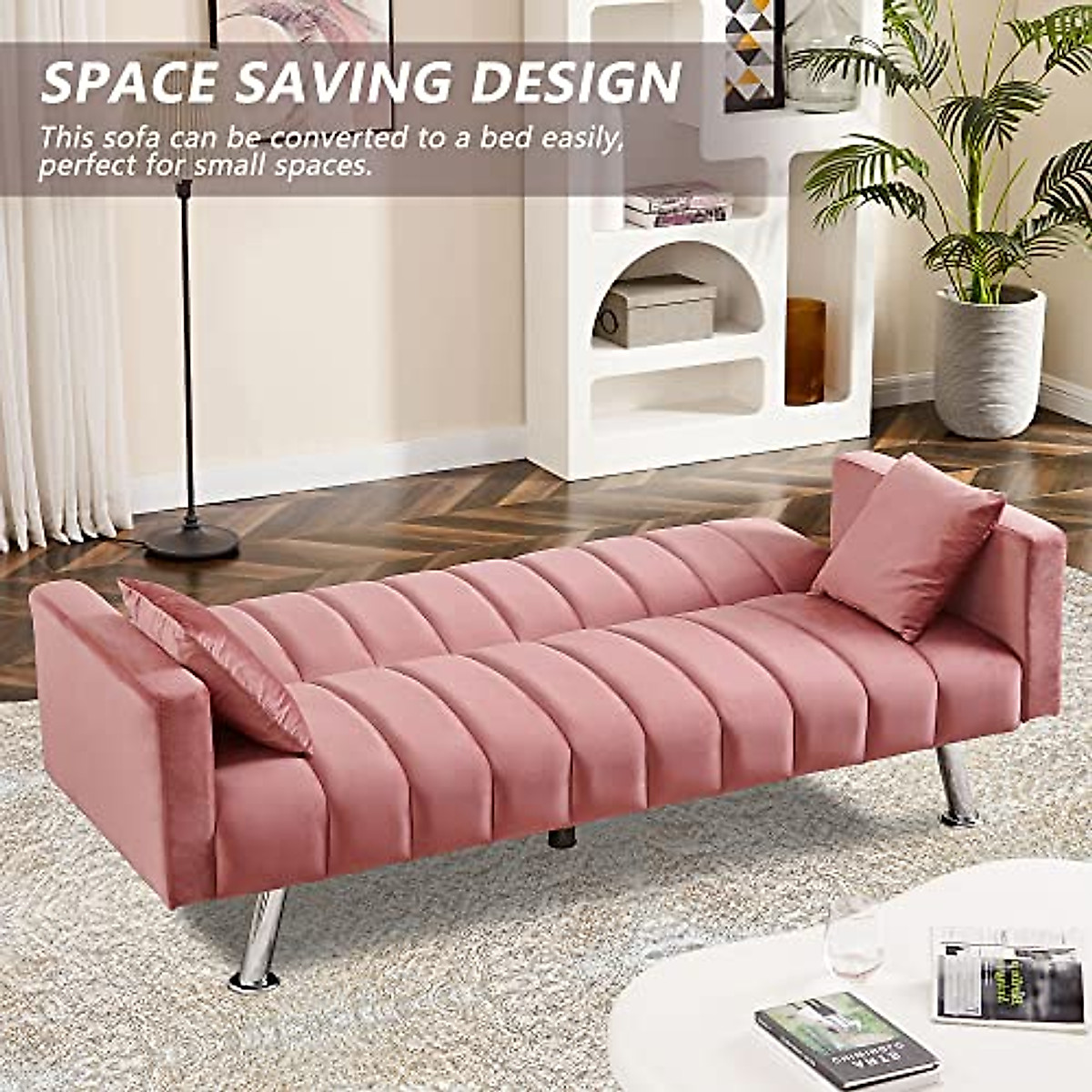 Lamerge Sofa Bed, Modern Convertible Sleeper Sofa Bed with 2 Pillows, Wooden Frame and Metal Legs, Small Folding Sofa Couch for Living Room, Bedroom, Compact Spaces - Pink