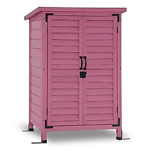 MCombo Outdoor Wood Storage Cabinet, Small Size Garden Wooden Tool Shed with Double Doors, Outside Tools Cabinet for Backyard (24.6”x 18.3”x38.2”) 0985 (Pink)