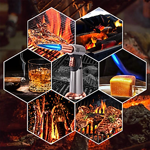 Butane Torch, Premium Double Flame Big Kitchen Torch Lighters with Safety Lock Adjustable Refillable Multipurpose Culinary Blow Torch for Creme Brulee, Baking, BBQ (Butane Gas Not Included)501 (gold)