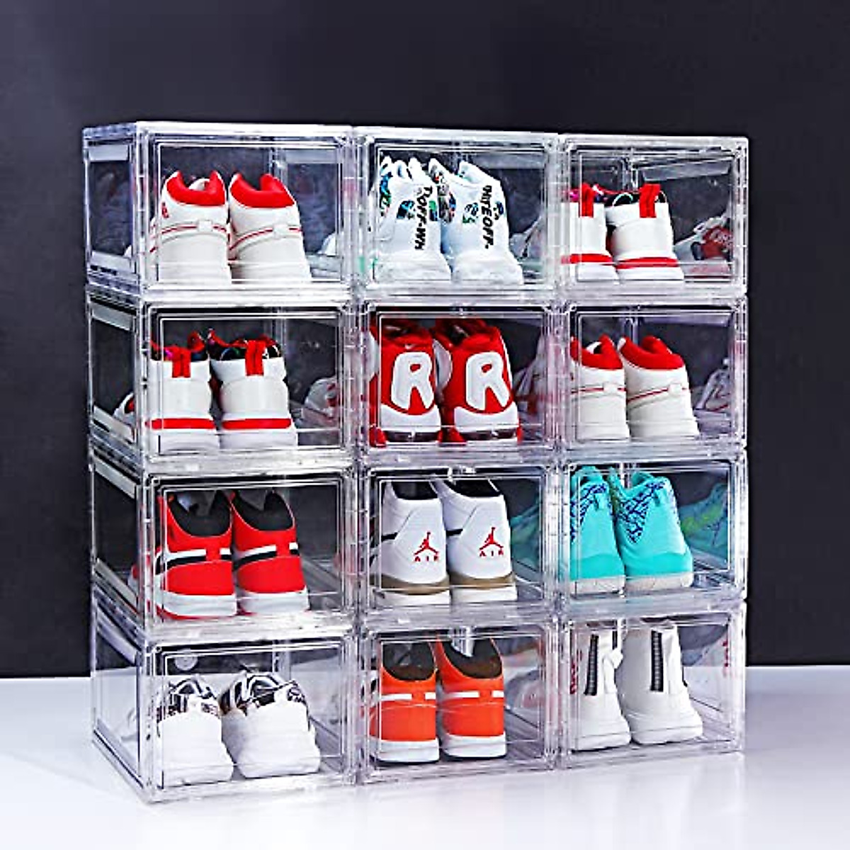 Shoe Boxes Clear Plastic Stackable Shoe Storage Organizers For Man and Women,Detachable and Versatile Space-Saving Closet Organizer Shoe Container for Sneakers High heels 14.96 x 10.24 x 7.87 inches (Transparency, 12 pcs)