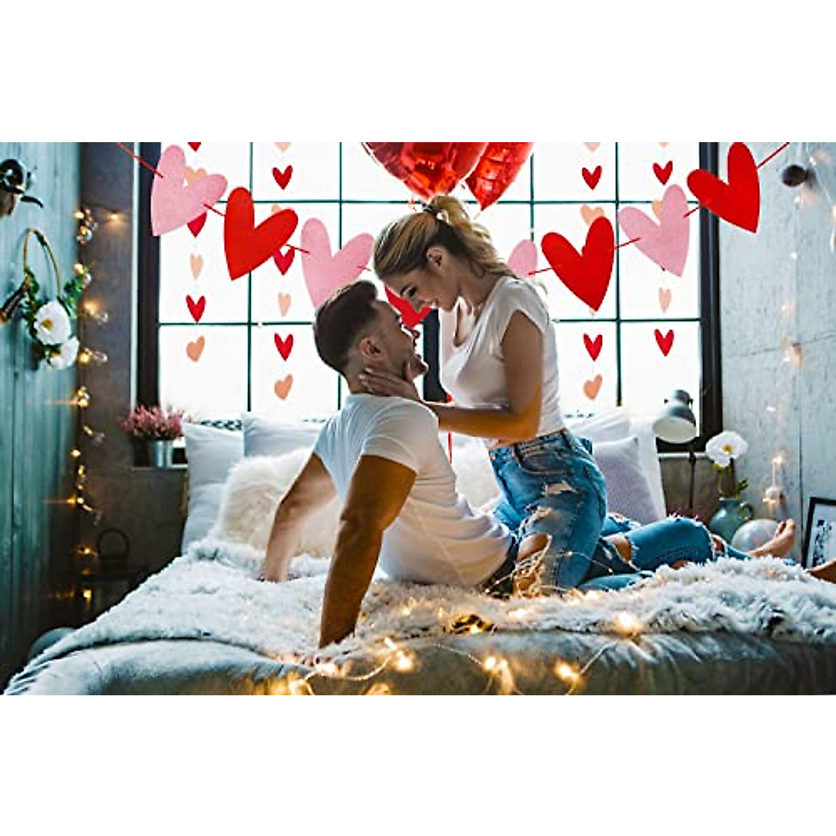 Valentines Day Decor, Heart Garland Love Banner Happy Valentines Day Banner Red Pink Glittery Heart Valentines Decorations Hanging Rustic Valentine Décor for Home Decor for Mantle Fireplace Wall