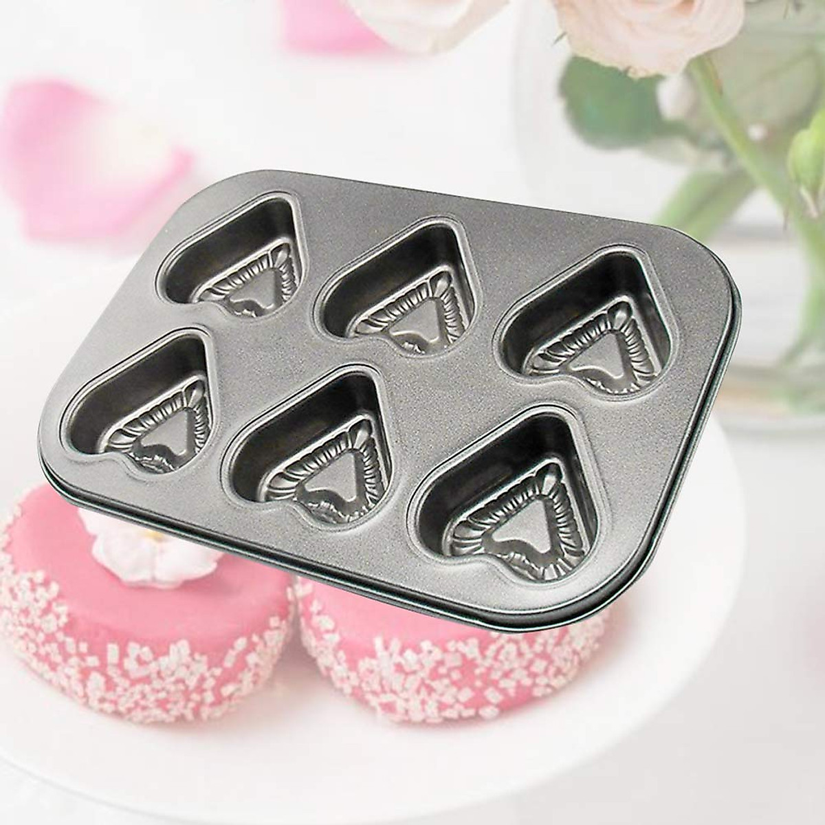 Luxshiny 6 Hole Metal Mini Cake Pan Muffin Baking Tray Pastry Heart Baking Tray Wedding Valentines Day Romantic Cupcake Tray