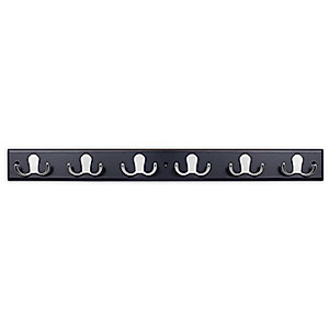 BIRDROCK HOME Dual Hook Coat Rack - 6 Dual Hooks - Wall Mounted Hat Key Rack Rail - Satin Nickel Hooks - Black Pine Bathroom Rail