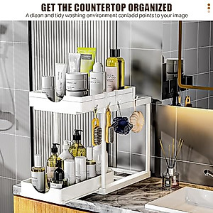 2 Pack Under Sink Organizer，Bathroom Cabinet Organizer, 2 Tier Sliding Cabinet Organizer Drawer with 8 Hooks Pull Out Cabinet Organizer Multi-Purpose Organizer for Bathroom Kitchen (Black x 2)