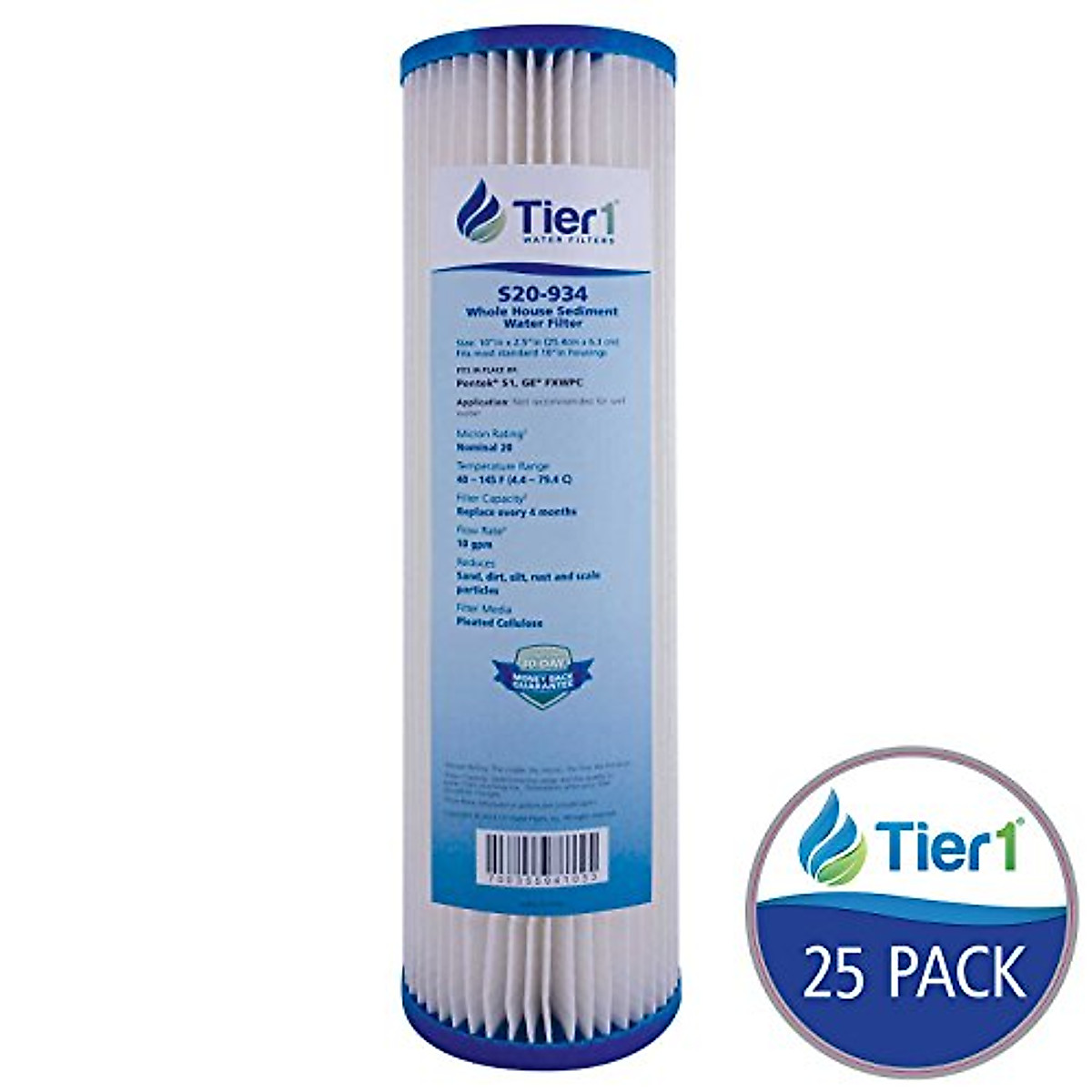 Tier1 20 Micron 10 Inch x 2.5 Inch | 25-Pack Pleated Cellulose Whole House Sediment Water Filter Replacement Cartridge | Compatible with Pentek S1, GE FXWPC, 155001-43, Home Water Filter