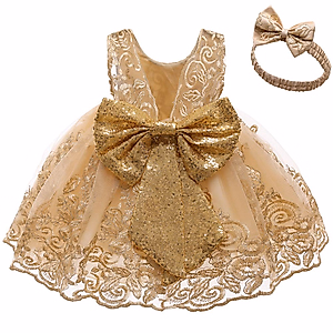 Lace Flower Girls Sequins Bowknot V-Back Tutu Dress for Kids Baby Christening Baptism Communion Birthday Party Dress Toddler Princess Pageant Wedding Bridesmaid Gown with Headwear 002 Gold 0-3 Months