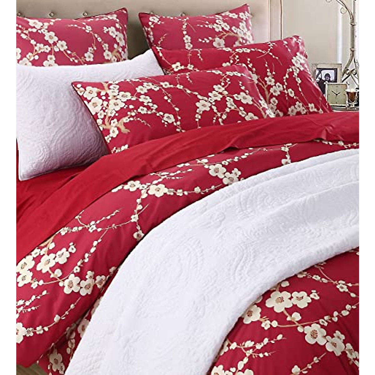 Brandream King Size Duvet Cover Set Japanese Oriental Style Cherry Floral Red Blossom Flower Branches Print Chinoiserie Bedding Pillowcases Set 800TC Egyptian Cotton Sateen Botanical Tree 3 Piece