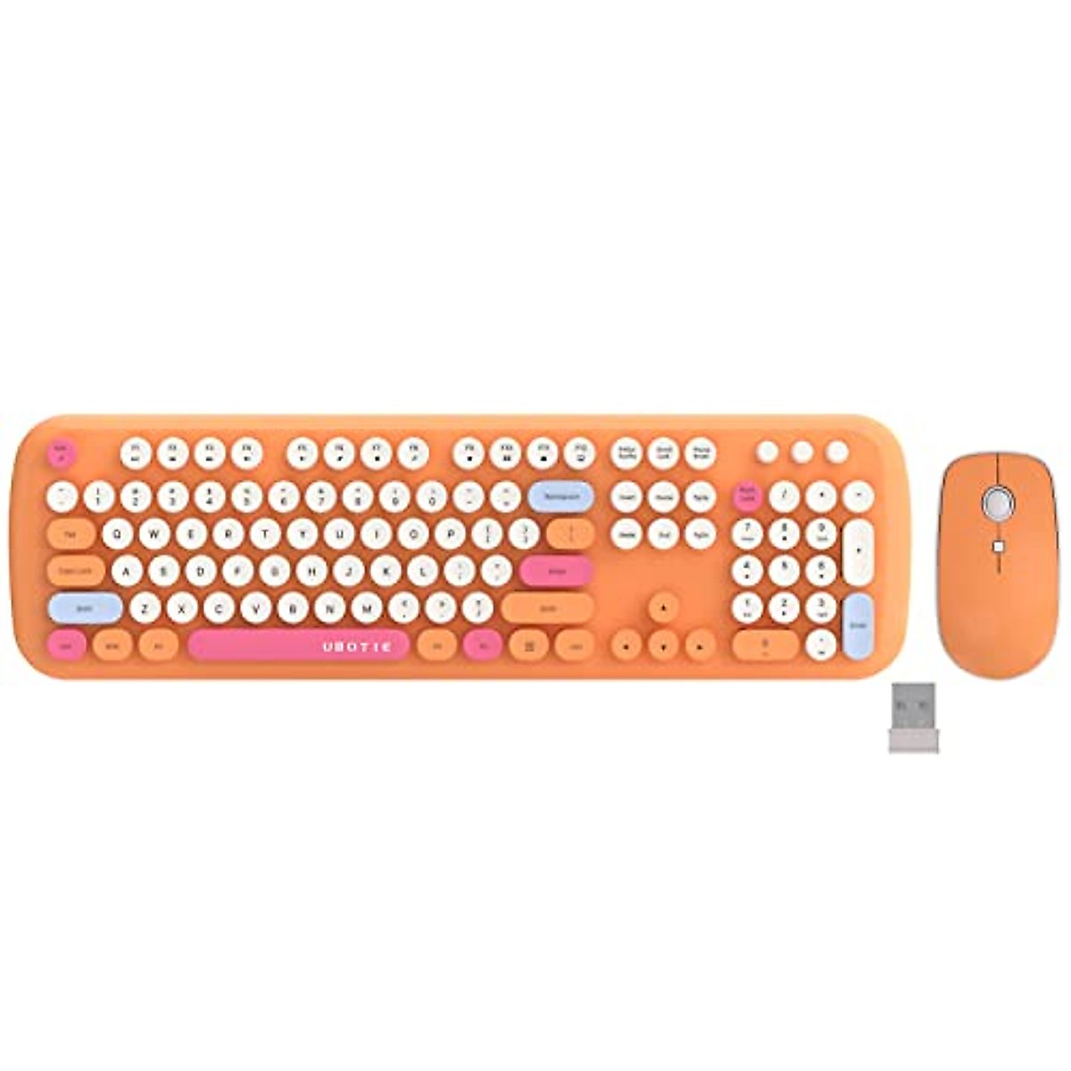 Colorful Wireless Computer Keyboards Mouse Combos, UBOTIE Polychrome Round Keycaps Retro PC Keyboards 2.4GHz Radio Frequency Connection with Optical Mouse(Orange-Colorful)