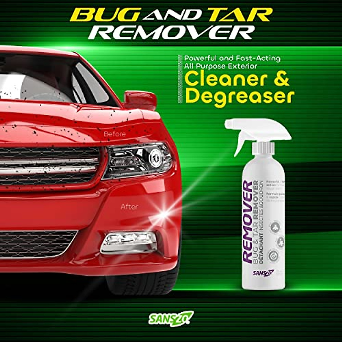 SansZo Bug and Tar Remover - Powerful and Fast-Acting All Purpose Exterior Cleaner & Degreaser - Streak Free Car Detailing Without Scratching, with Microfiber Cloth, 24 OZ