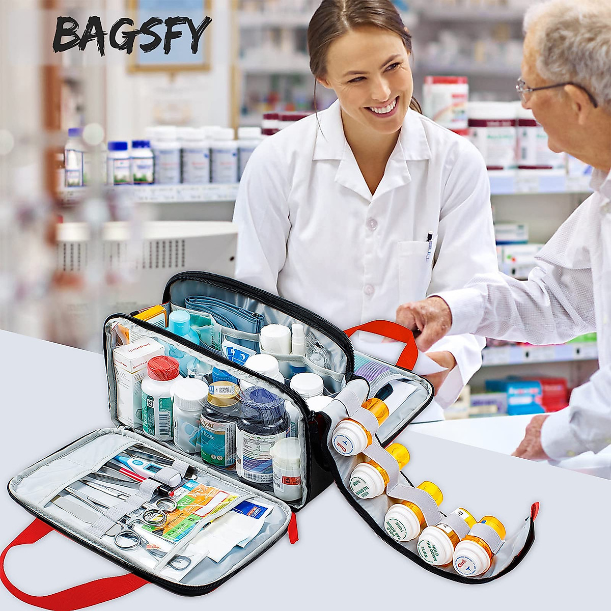 BAGSFY Full Open Medicine Bag Empty, Family First Aid Bag, Small Medicine Storage Bag,Pill Bottle Organizer for Emergency Medical Supplies, First Aid Box,First Aid Kit Bag, Black (Bag Only)