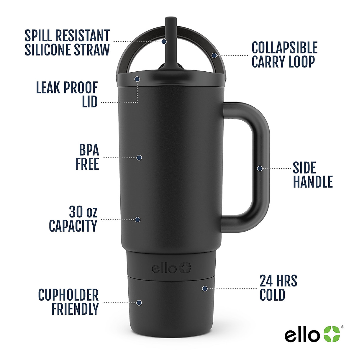 Ello Port 30oz Tumbler with Carry Loop & Integrated Handle | Vacuum Insulated Stainless Steel Reusable Water Bottle Travel Mug | Leak Proof Lid | Flexible Straw | BPA-Free | Dishwasher Safe | Black