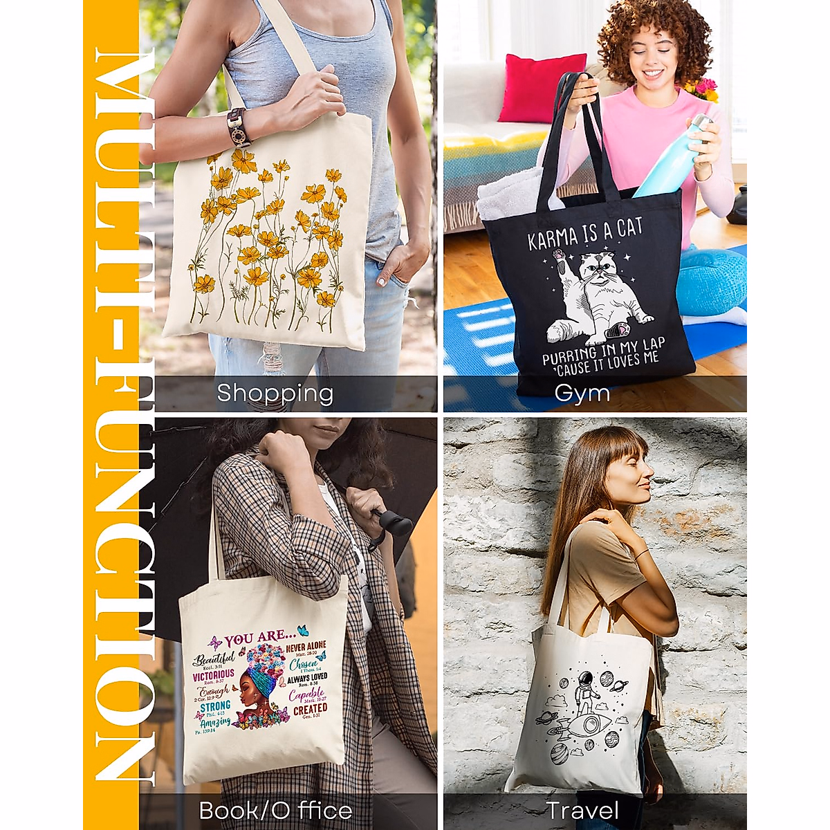 AUSVKAI Canvas Tote Bag Aesthetic for Women, Cute Yellow Flower Reusable Cloth Cotton Bags for Shopping School Beach Trendy Gifts