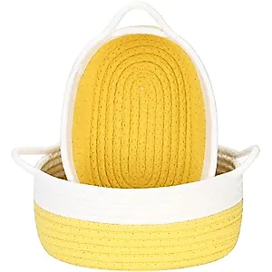 Sea Team 2-Pack Cotton Rope Baskets, 10 x 7 x 4 Inches Small Woven Storage Basket, Fabric Tray, Bowl, Oval Open Dish for Fruits, Jewelry, Keys, Sewing Kits (Yellow & White)