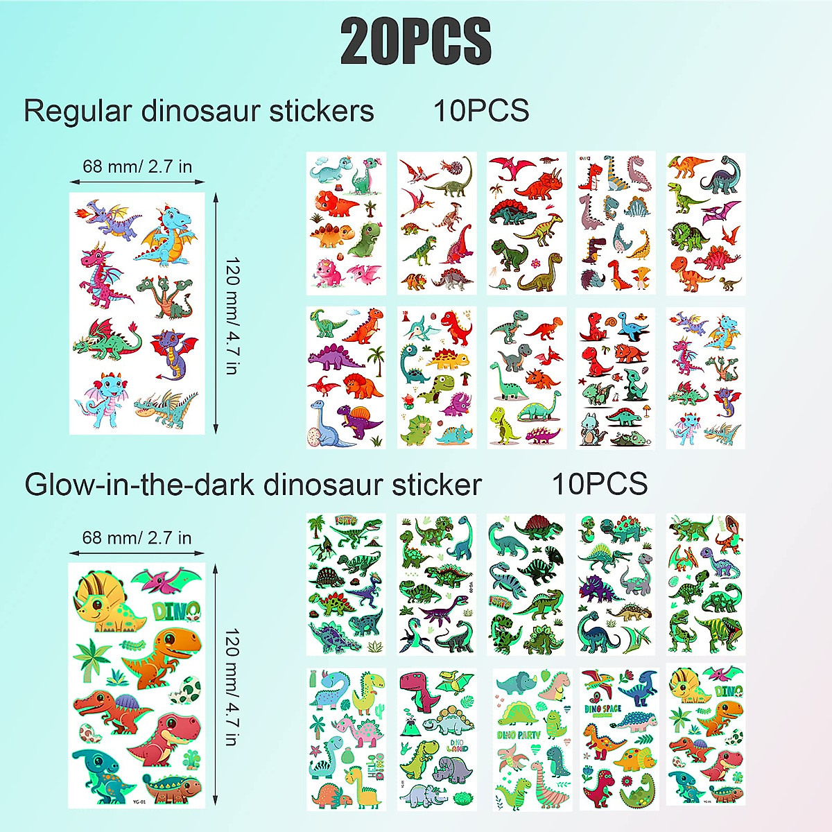SAVITA 20 Sheets Kids Temporary Tattoos, Luminous Dinosaur Tattoo Stickers Waterproof Cartoon Fake Tattoos for Kids Toddlers Boys Dinosaur Birthday Party Favors Supplies