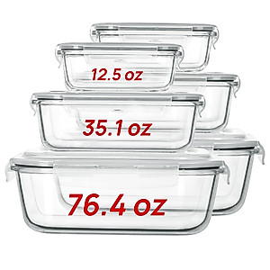 Vtopmart 2.26L/76oz Extra Large Glass Food Storage Containers with Lids, 6 pack Meal Prep Container Set, Airtight Container Bento Boxes with Snap Locking Lids for Microwave, Oven, Freezer, Dishwasher
