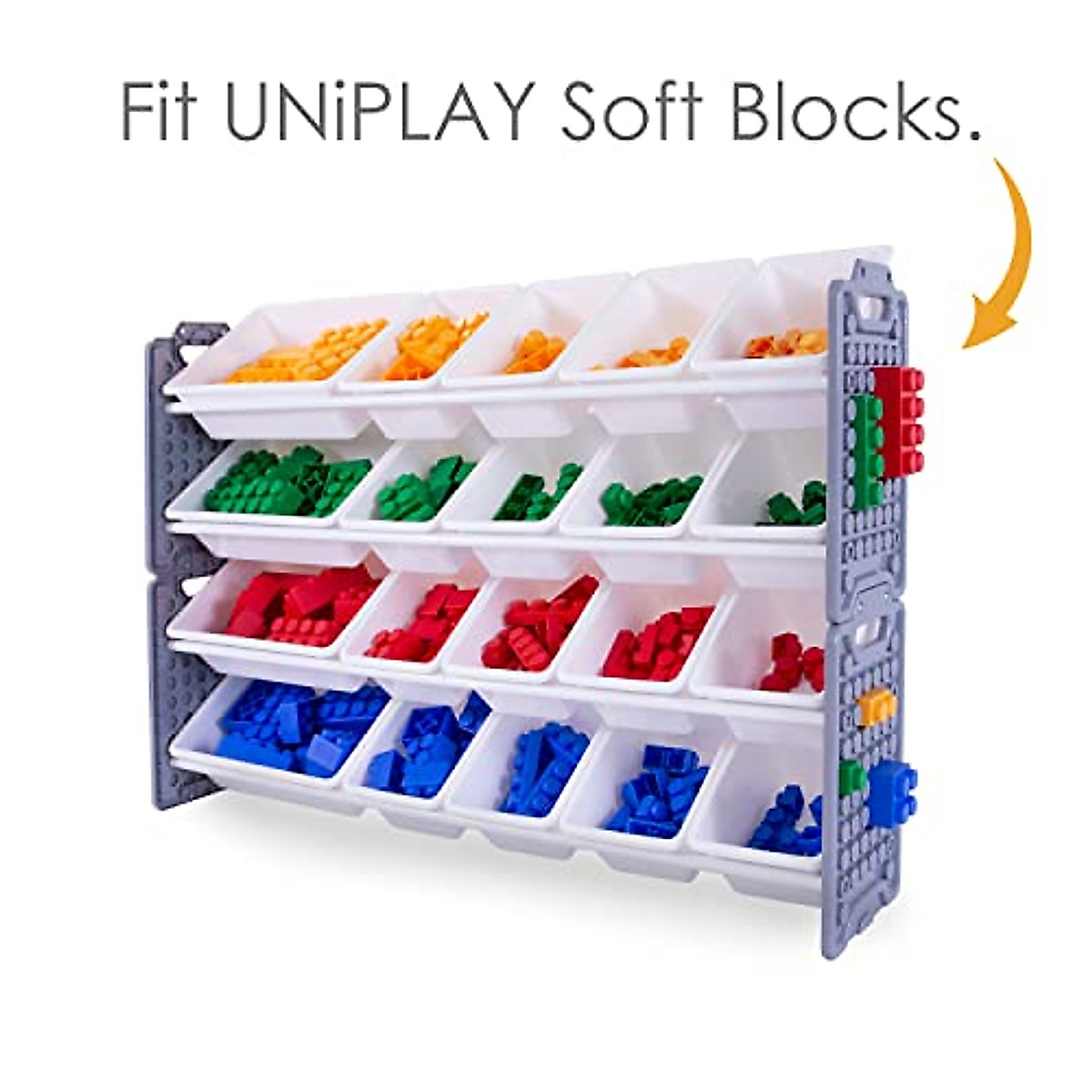 UNiPLAY Toy Organizer with 20 Removable Storage Bins, Multi-Bin Organizer for Books, Building Blocks, School Materials, Toys with Baseplate Board Frame (Gray)