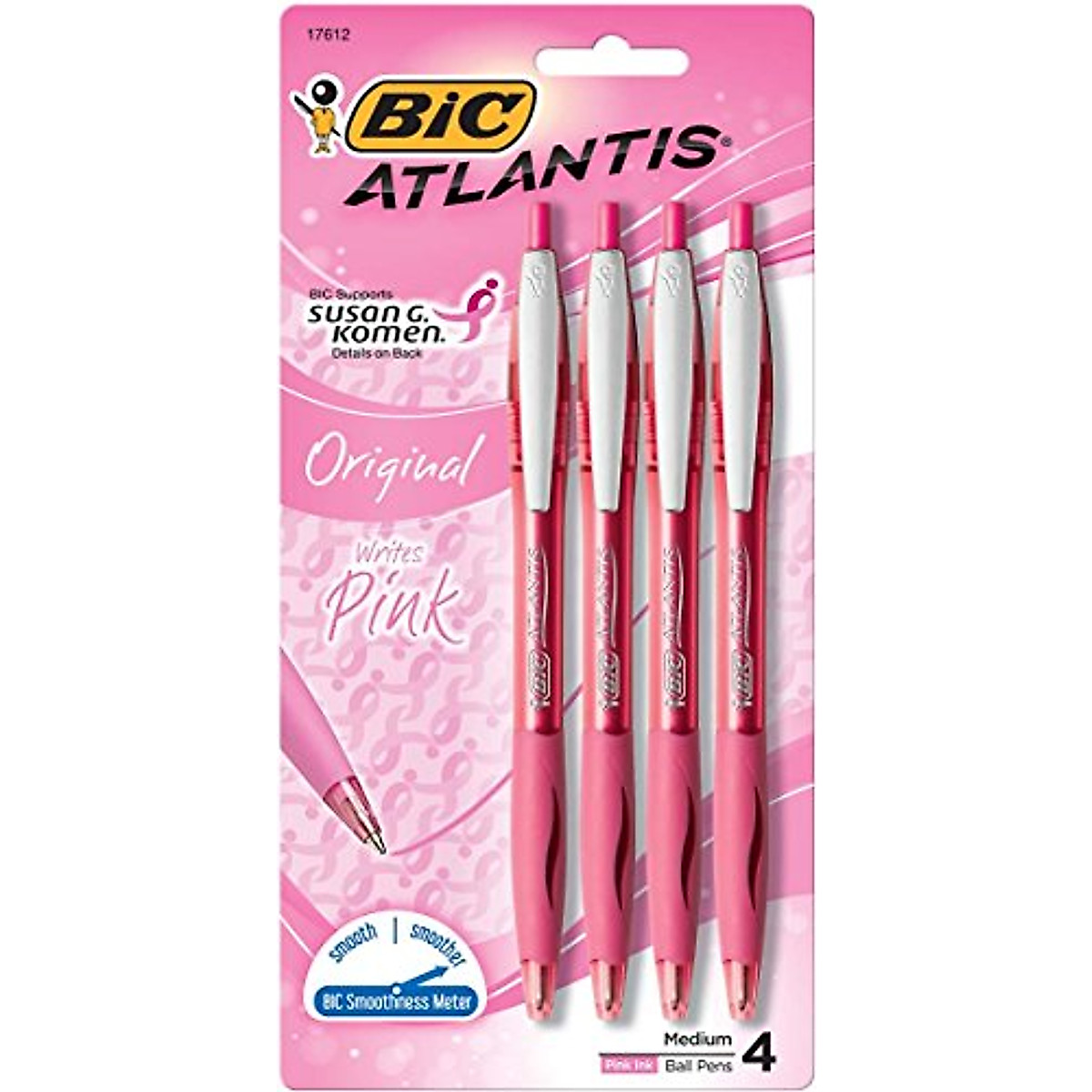 BIC VCGAP4SGK-Pnk Susan G Komen Atlantis Retractable Ball Pen, Medium Point (1.0 mm), Pink, 4-Count