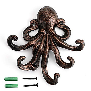 Sumnacon 6 Inch Cast Iron Octopus Decorative Coat Hook - Wall Mounted Nautical Hand Towel Rack Holder with Screws, Rustic Metal Clothing Hanger for Bedroom/Bathroom/Kitchen/Balcony, Red Bronze