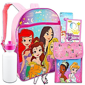 Disney Princess Backpack with Lunch Box Set - Disney Princess Backpack for Girls Bundle with Lunch Bag, Water Bottle, Stickers, More | Disney Princess School Supplies