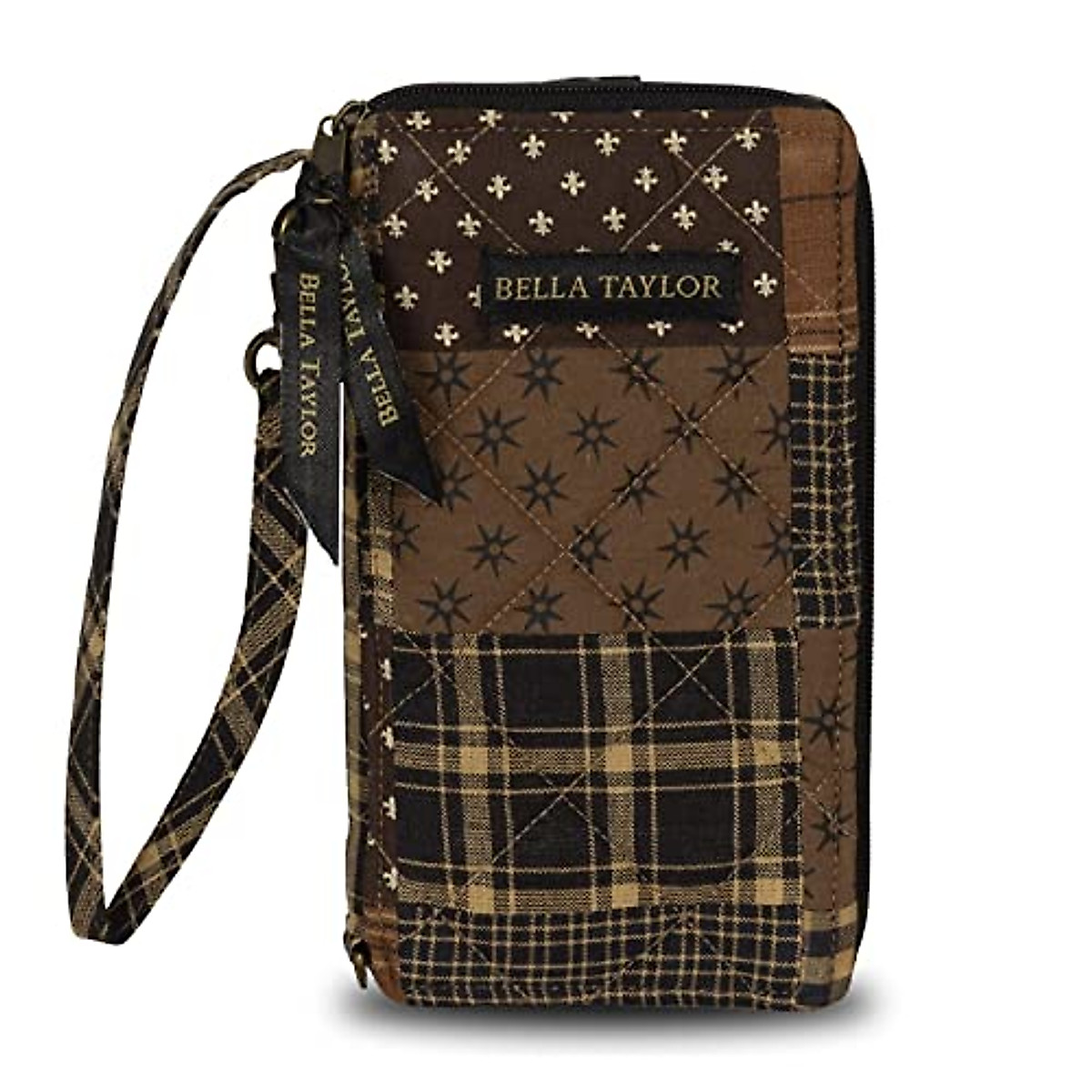 Bella Taylor Ironstone Modern Wristlet Quilted Cotton Country Patchwork Cell Phone Wallet; Chestnut, Khaki and Black