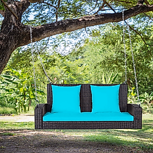 UJOYPAYD Hanging Porch Swing Bench,Heavy Duty 800 LBS 2-Person Rattan Swing Chair with Soft Cushions,Metal Frame Wicker Swing Bench,7.9ft Reinforced Steel Chain for Deck, Backyard, Garden (Turquoise)