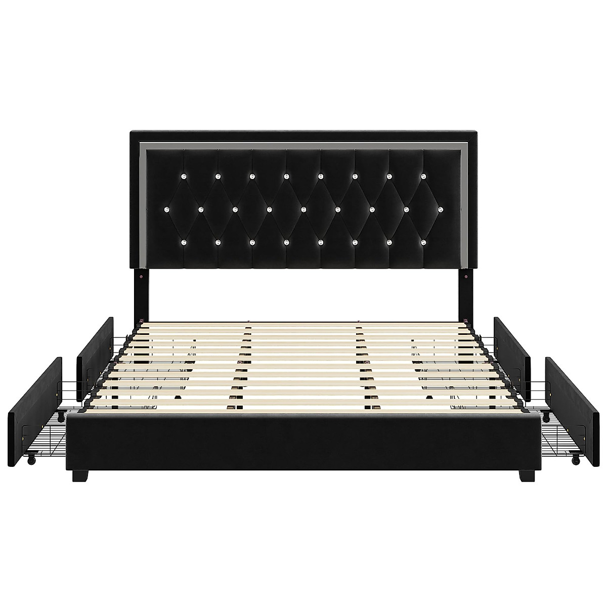 HITHOS King Size Bed Frame with 4 Storage Drawers and Adjustable Headboard, Modern Upholstered Platform Bed with Wood Slat Support, Diamond Button Tufted Design, No Box Spring Needed (Black, King)