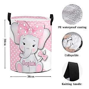 Polka Dot Cute Elephant Large Laundry Basket Custom Name Foldable Clothes Bag Collapsible Fabric Laundry Hamper Folding Washing Bin for Gift, 19.69 inches (height) x 14.17 inches (diameter)