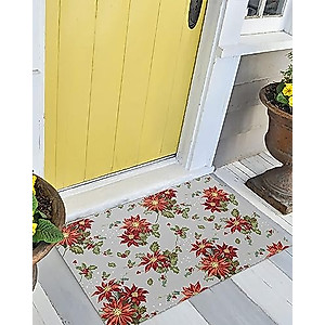 Indoor Outdoor Mats, Christmas Flowers and Leaves Tile Pattern Door Mat, Non-Slip Absorbent Resist Dirt Entrance Mat Washable Welcome Mats for Entryway, Low-Profile Floor Mats
