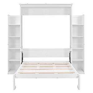 BIADNBZ Full Size Murphy Wall Bed with Side Cabinet Storage and LED Lights, Wood Vertical WallBed Foldable Bedframe with Shelves/Bookshelves for Guest Room Apartment, White