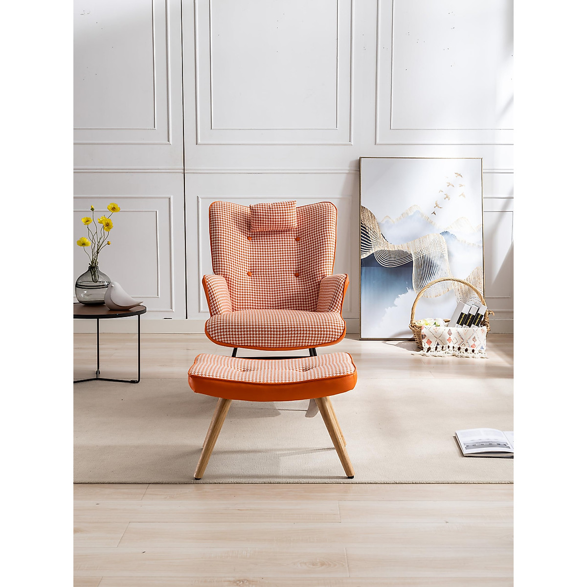 Tiophome Rocking Chair Nursery, Upholstered Glider Rocker Accent Chairs Padded Seat with High Backrest, Comfy Side Armchair for Nursing, Living Room, Bedroom, Office, Linen/Leather, Houndstooth Orange