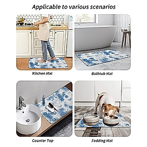 Gogobebe Super Absorbent Diatom Mud Mat Abstract Polypropylene Vintage Texture Blue White Quick-Drying Thin Bath Mat Non-Slip Bathtub Mat Anti-Skid Rubber Bathroom Shower Mat 20x32in