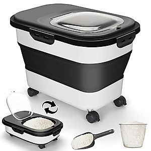 Rice Storage Container, 20-30Lbs Airtight Large Dog Cat Food Storage Containers with Wheels, Scoop & Measuring Cup, Collapsible Kitchen Flour Bin, Dry Food Storage Holder for Rice Kibble Pet Food