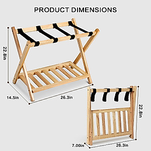 Babion Folding Luggage Racks with Shelf, Wooden Suitcase Stand, 2 Tier Foldable Luggage Racks with Heavy Duty Nylon Belts, Suitcase Bag Holder for Bedroom Guest Room, 4 Pack