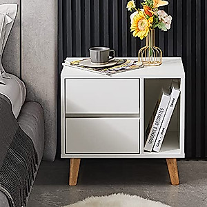 CLIPOP Set of 2 Modern Nightstand with 2 Drawers, Open Shelf, Solid Wood Legs, Wood Bedside Table with Vertical Open Storage, End Side Table for Bedroom Living Room (White)