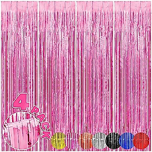 4-Pack Backdrop for Party Decorations, Foil Fringe Backdrop Curtains, Tinsel Streamers for Birthday Party Decorations, Pink Backdrop Curtains for Girl Graduation Unicorn Mermaid Disco Princess Parties