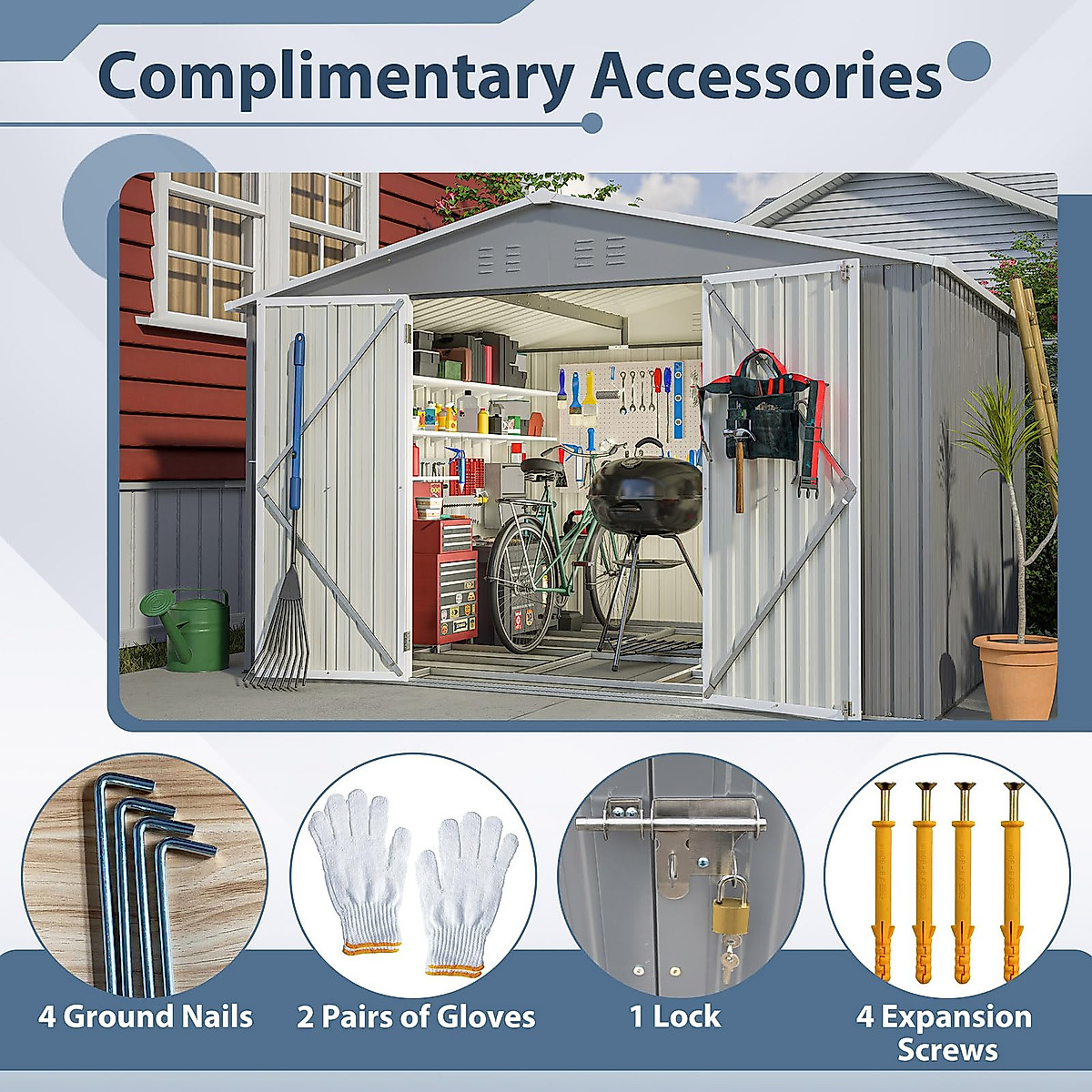 SofLuxe Metal Outdoor Storage Shed,Utility Garden Shed Tool House with Hinge Door and Padlock,Floor Frame Included,All Weather Metal Sheds for Backyard Patio,Gray,10 * 8ft