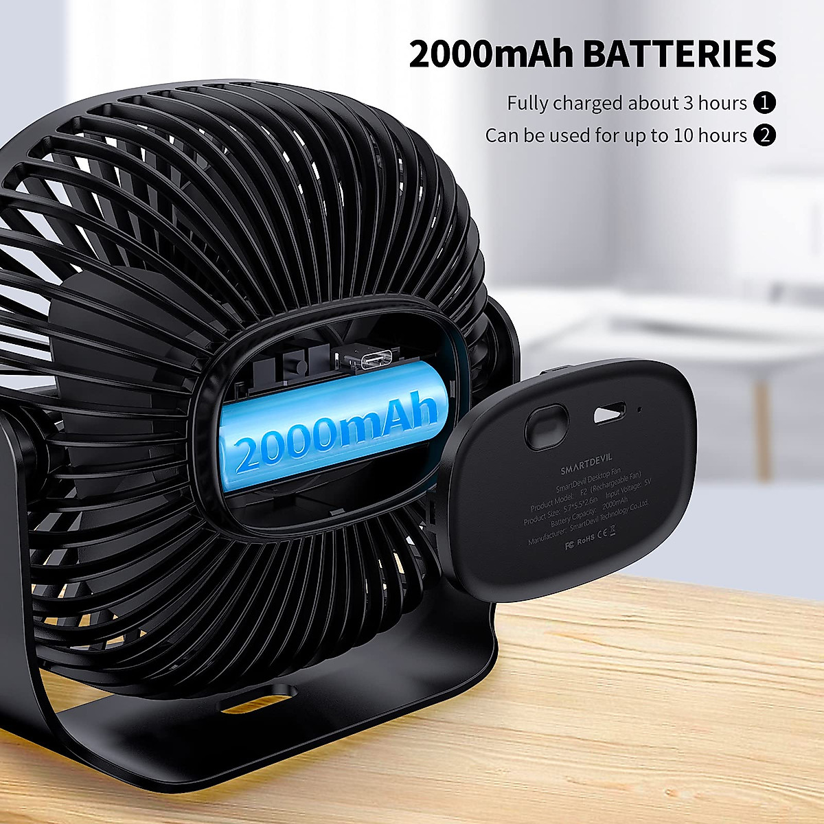 SMARTDEVIL Small Rechargeable Desk Fan, 3 Speeds 2000mAh Portable Personal Battery Operated Desktop Fan with Pasteable Hook, Dual 360° Adjustment Quiet Table Fan, for Home Office Outdoor (Black)