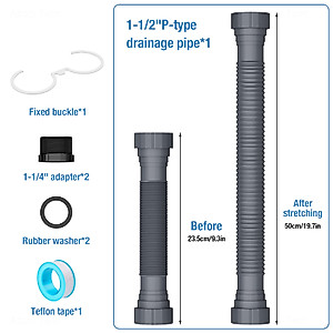NiHome Expandable Flexible 1 1/2" or 1 1/4" P-Trap Pipe for Single Kitchen Sink, with Adapter Sealing Ring Tape Drain Tubing Pipe Kit for Kitchen Sink Drain & Garbage Disposal (Grey)